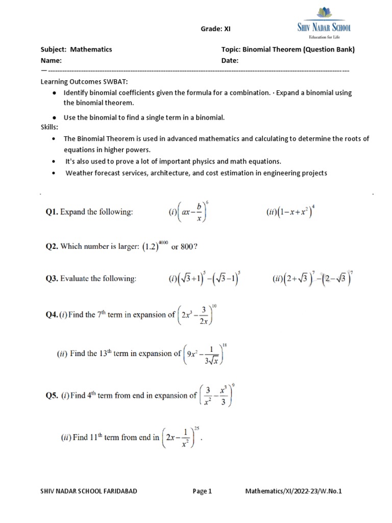 Class 11 Binomial Theorem Question Bank | PDF