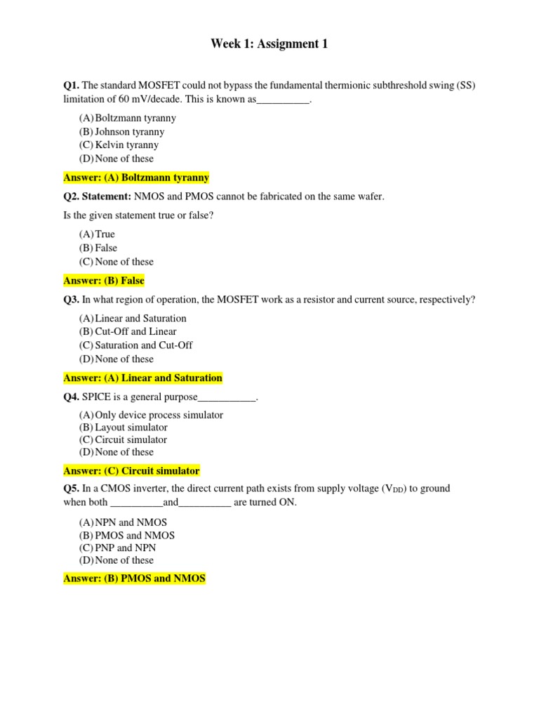 Week1 Assignment1 Solutions | Download Free PDF | Mosfet | Cmos