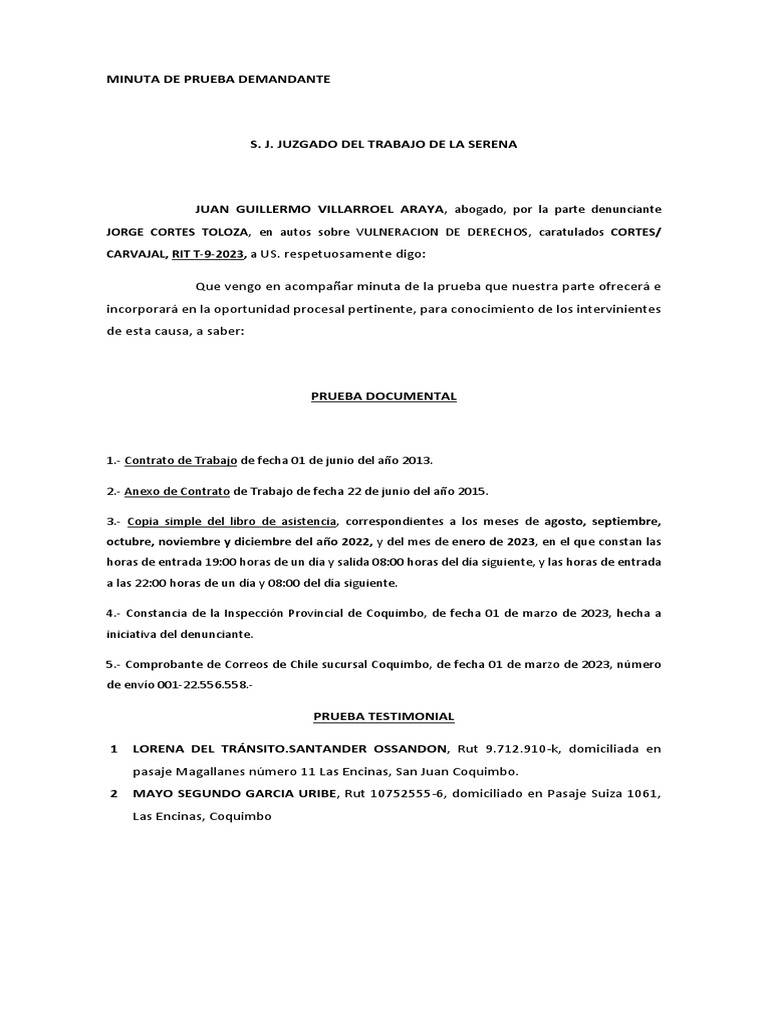 Minuta de Prueba Laboral en Juicio | PDF