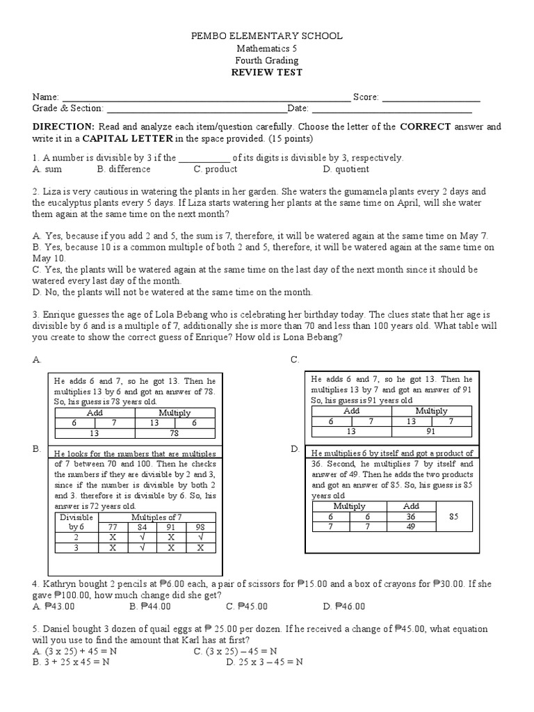 Math Review Test for Grade 5 Students | PDF | Mathematics