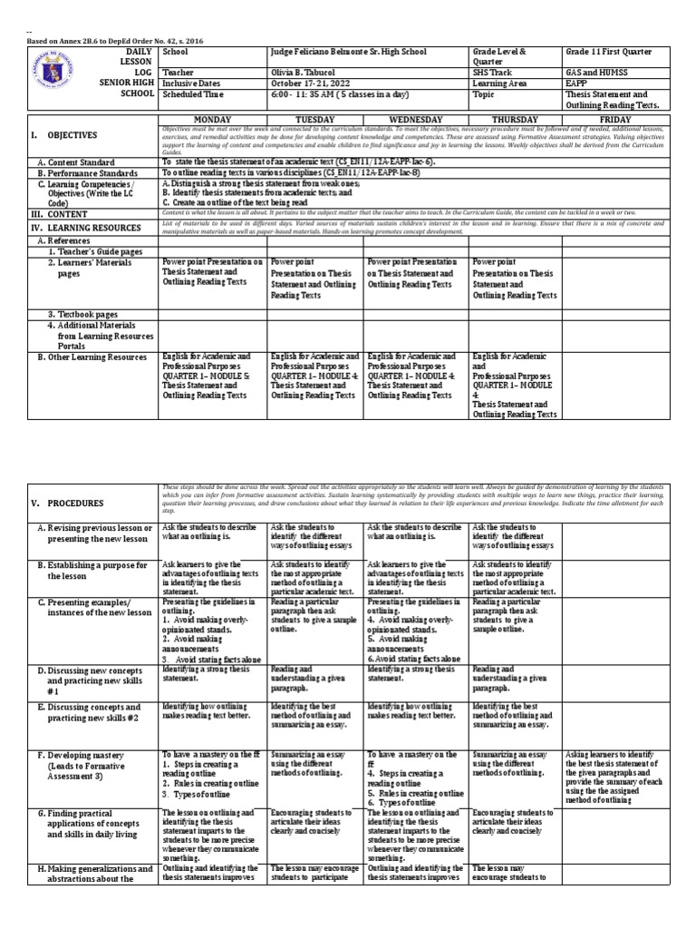 Daily Lesson Log DLL Eapp Oct 17-21, 2022 | PDF | Reading Comprehension ...