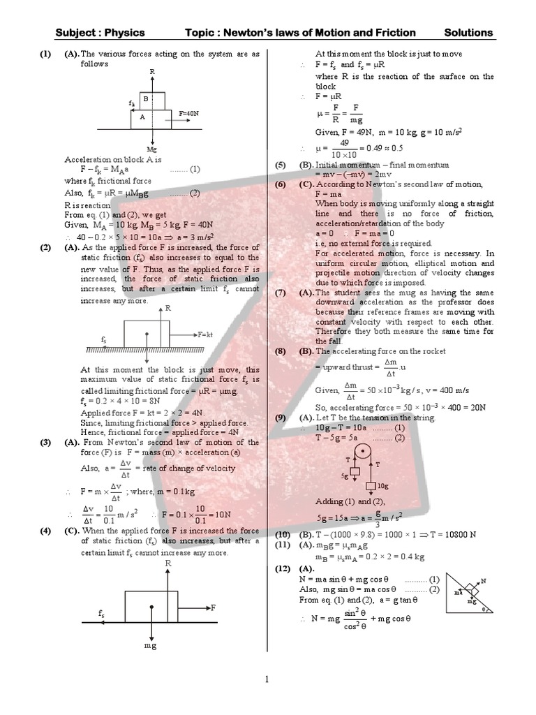 5-Chapter Test Newton's Laws of Motion and Friction) - Solutions | PDF ...