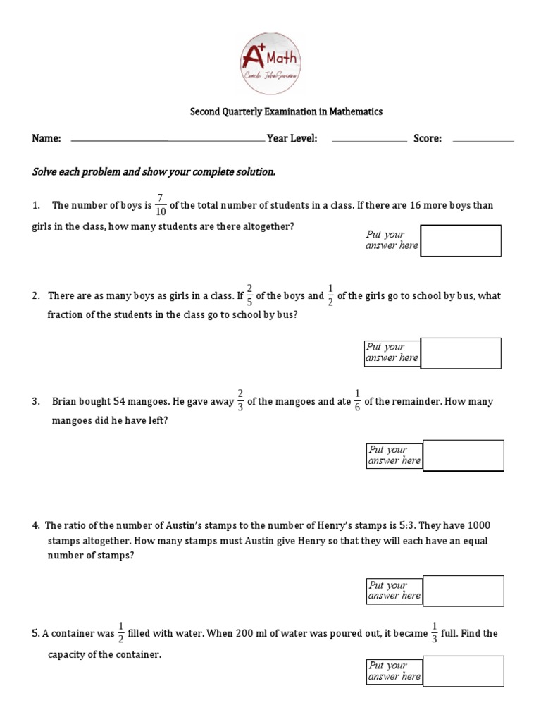 Math Exam: Problem Solving Questions | PDF | Ratio | Mathematics