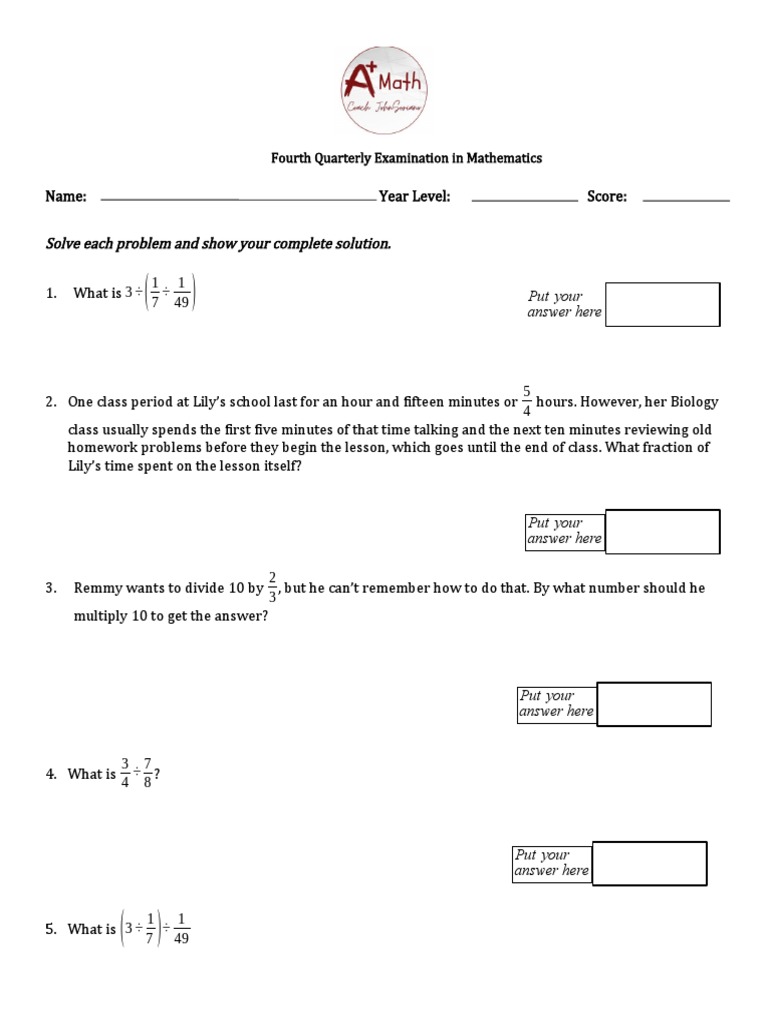 Fourth Quarterly Examination in Mathematics Jose Retake | PDF | Mathematics