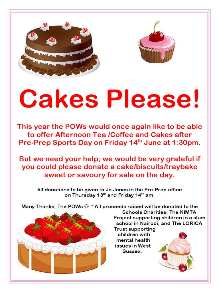 Cake donations poster Pre-Prep Sports Day 2019 | PDF