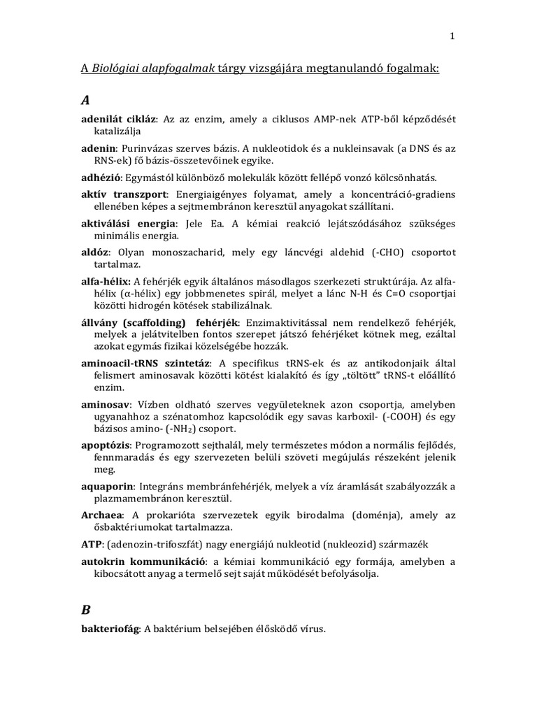 Fogalomlista Biologiai Alapfogalmak (2015) | PDF