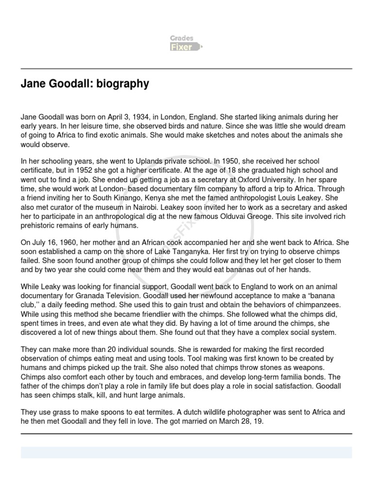 Jane Goodall Biography | PDF | Chimpanzee | Behavioural Sciences
