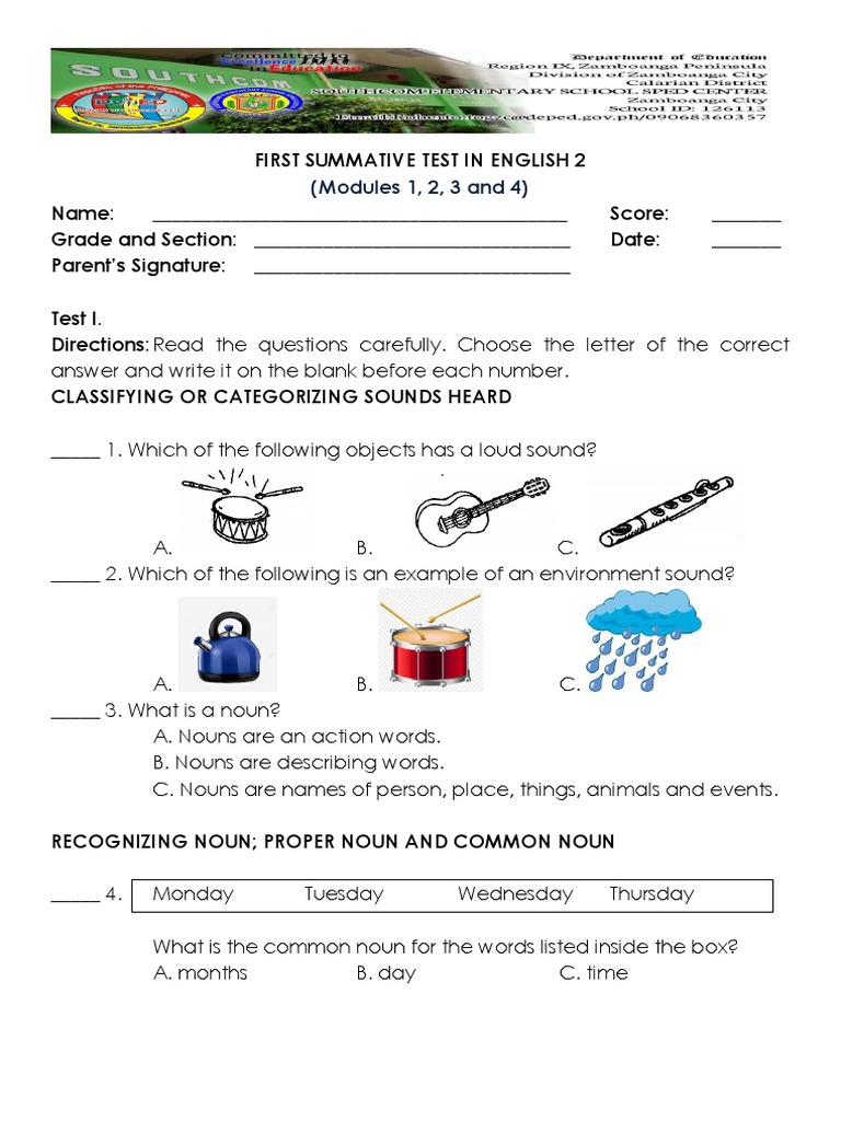 English 2-First Summative Test | PDF | Noun | Syntax