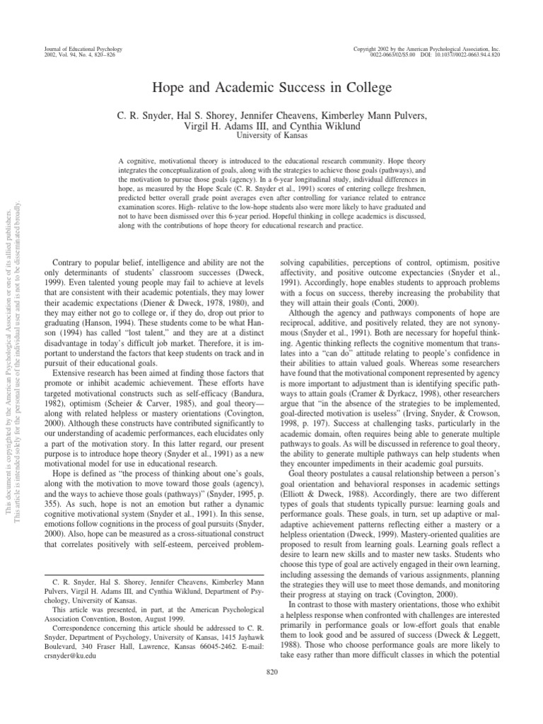 Hope and Academic Success in College | PDF | Hope | Optimism