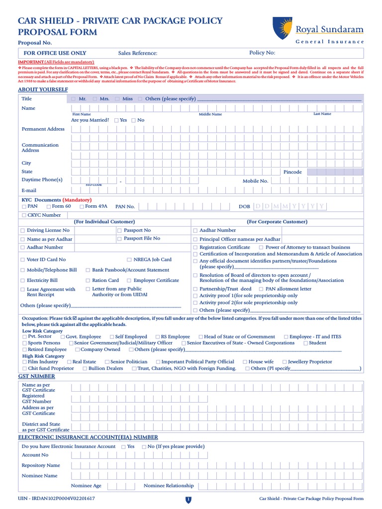 PR22005 Car Shield - Private Car Package Policy Proposal Form - Set 1 ...