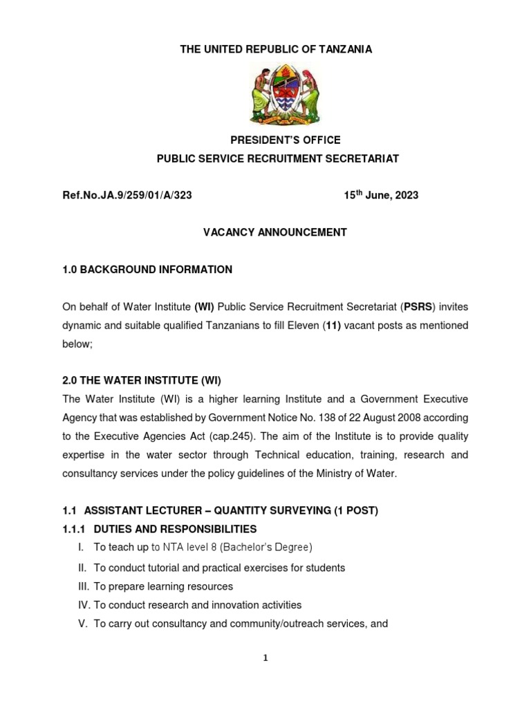 20231606280749tangazo La Nafasi Za Kazi Chuo Cha Maji | PDF | Academic ...