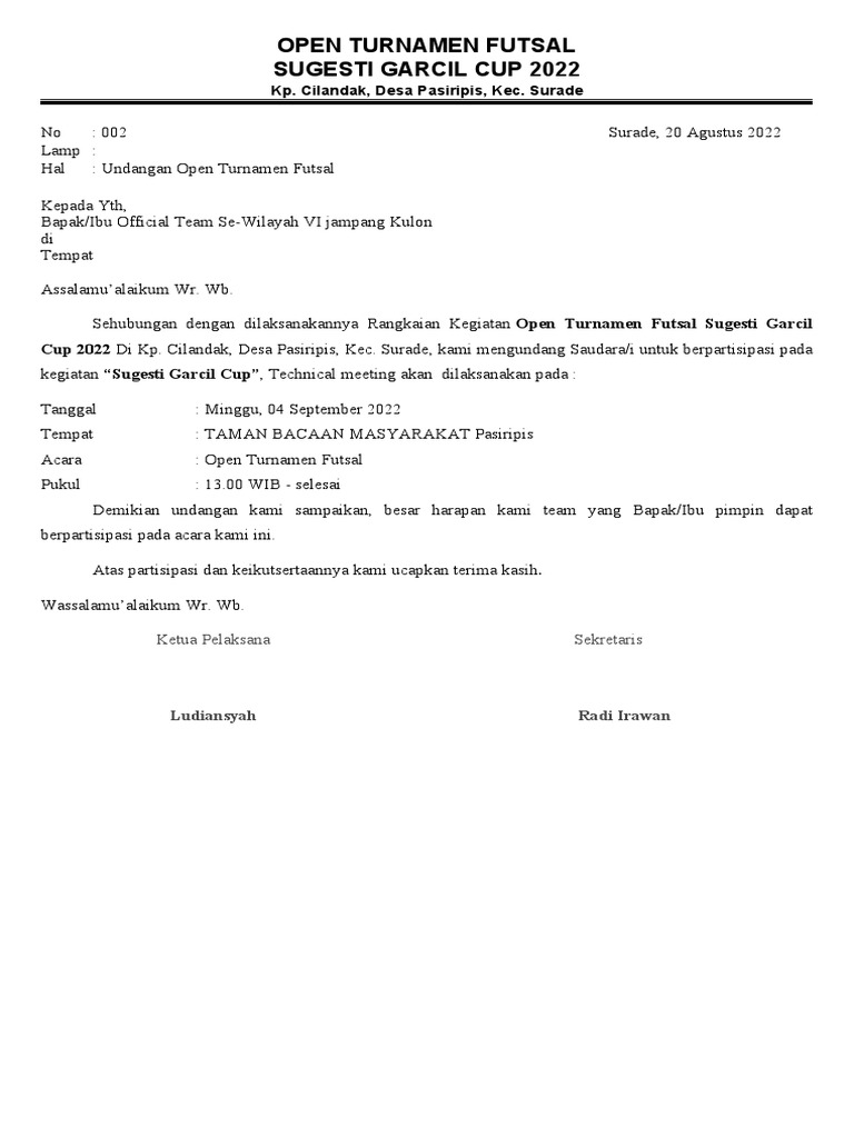 Undangan Turnamen Futsal Sugesti Garcil | PDF