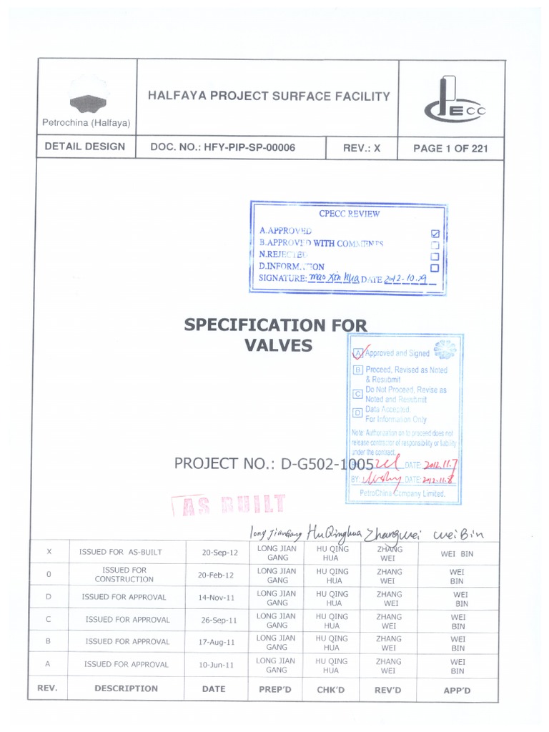 HFY PIP SP 00006 X Specification For Valves - A Commented | PDF | Pipe (Fluid Conveyance) | Valve