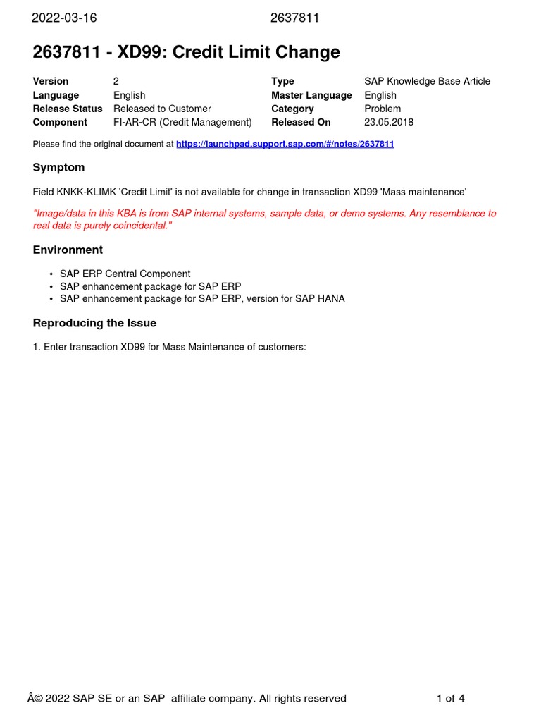 XD99: Credit Limit Change: Symptom | PDF | Software | Computing