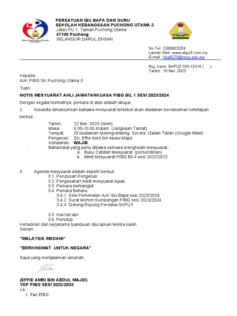 Notis Mesyuarat Ajk Pibg Bil 1 2324 | PDF