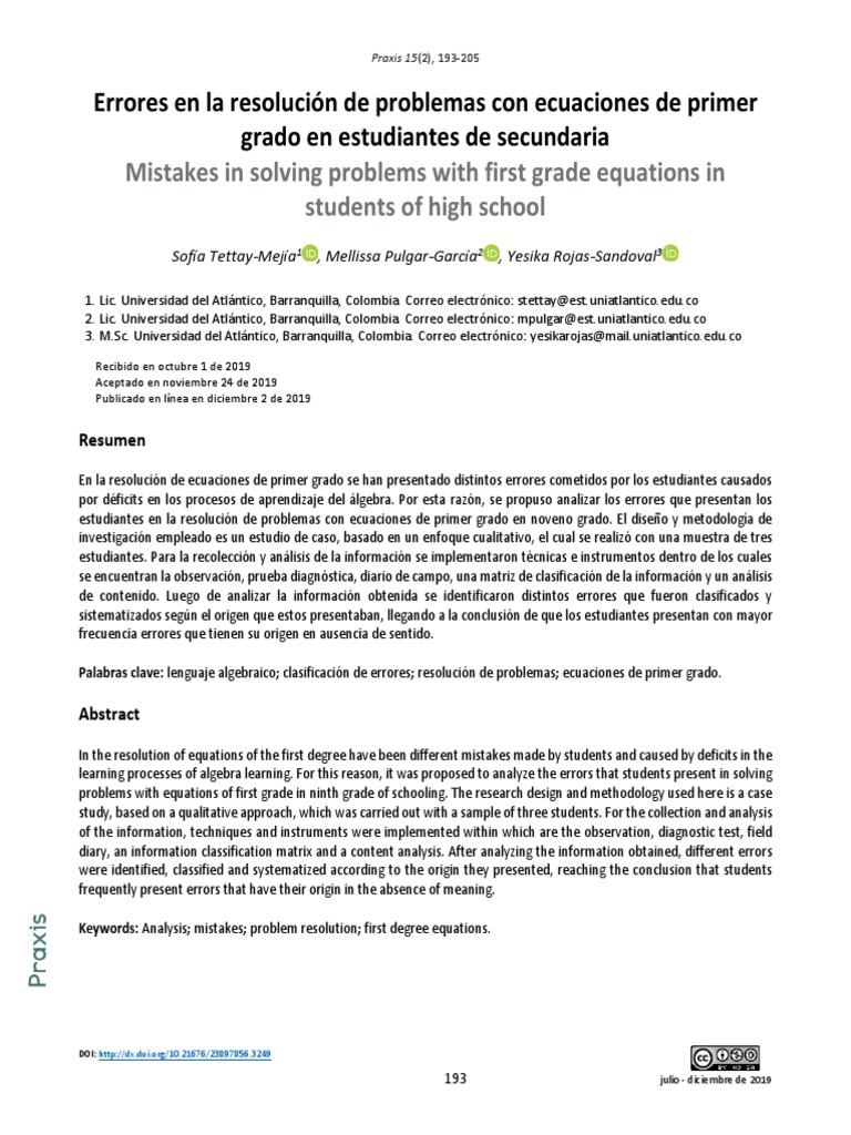 Mistakes in Solving Problems With First Grade Equations in Students of High School | PDF ...