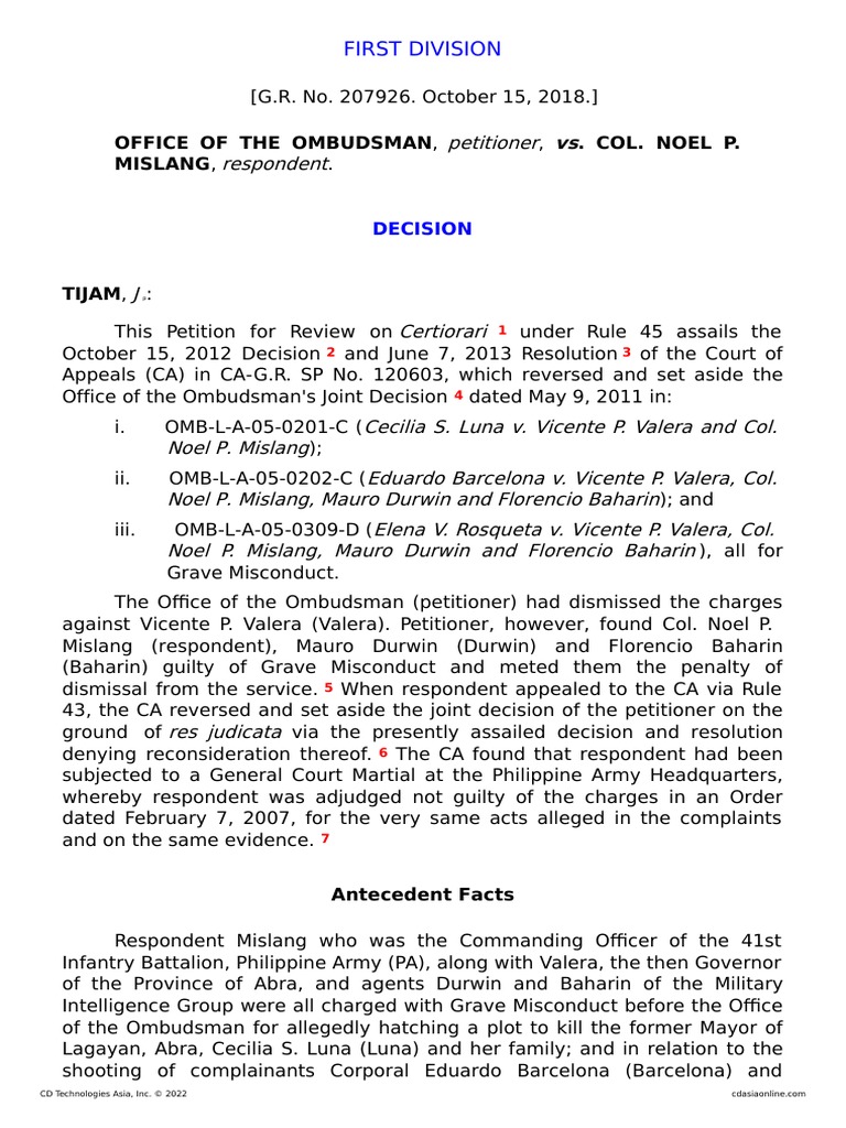 Ombudsman vs. Col. Mislang: Grave Misconduct Case | PDF | Appeal ...