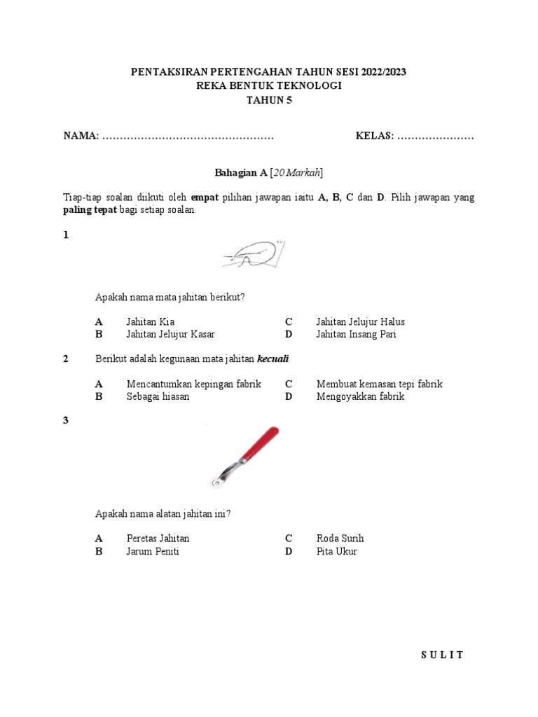 Kuiz RBT Tahun 5: Jahitan & Tenaga Baharu | PDF