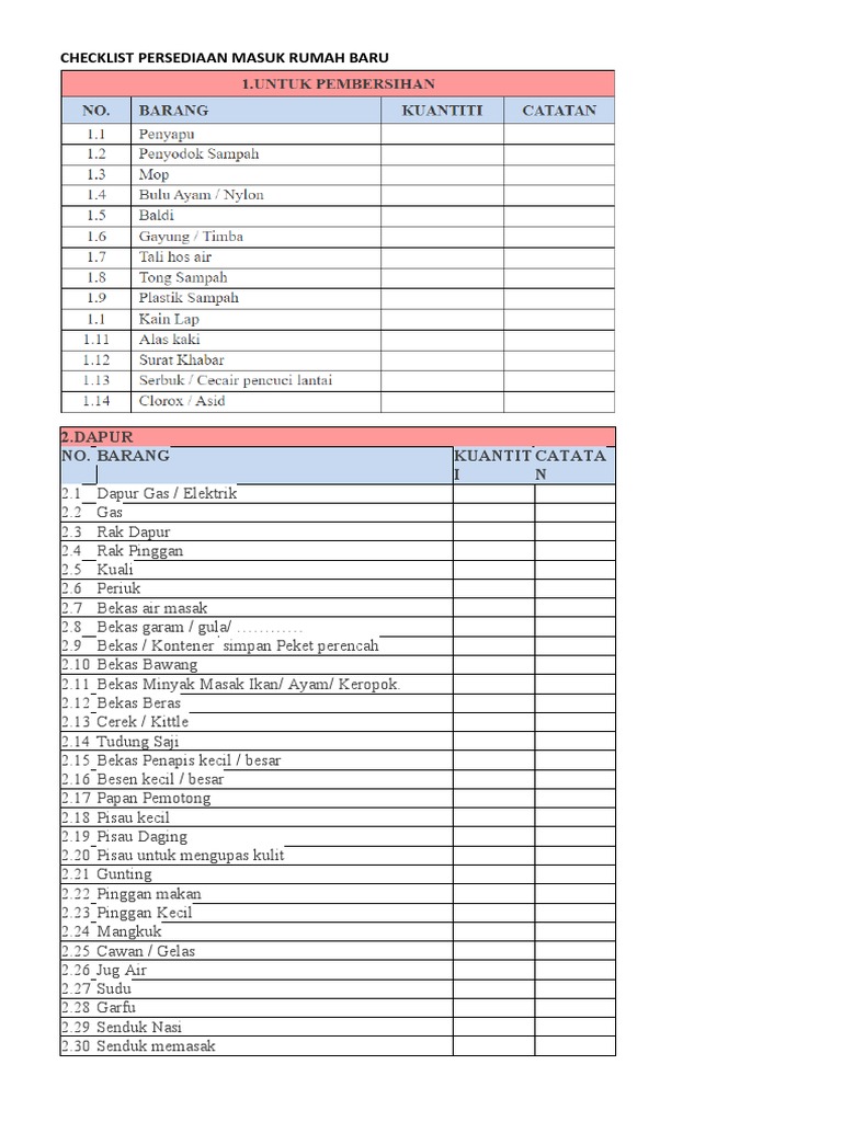 Checklist Barang Masuk Rumah Baru | PDF | Sains & Matematika