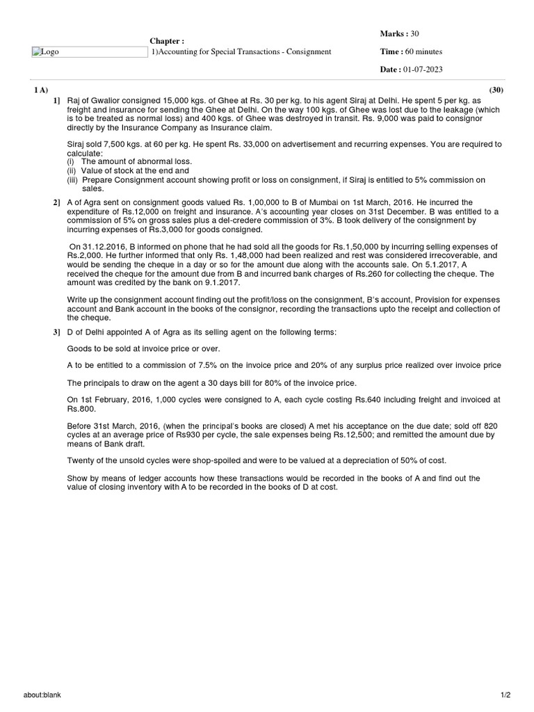 Consignment Question | PDF | Banks | Cost