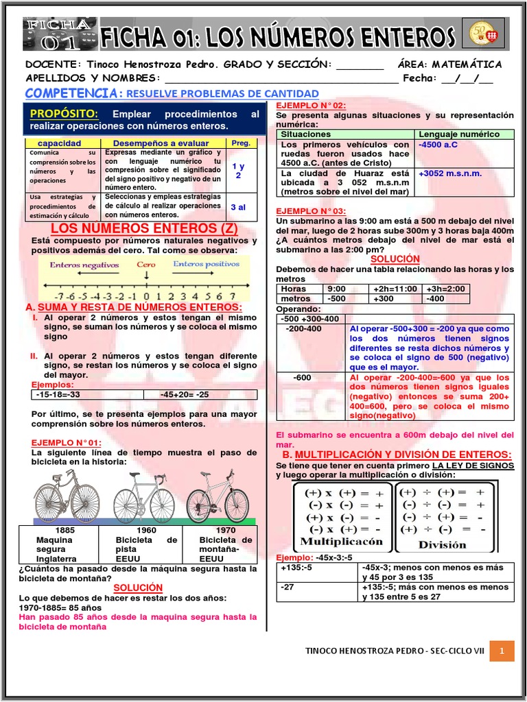 Ficha1-Números Enteros | PDF | Entero | Matemáticas