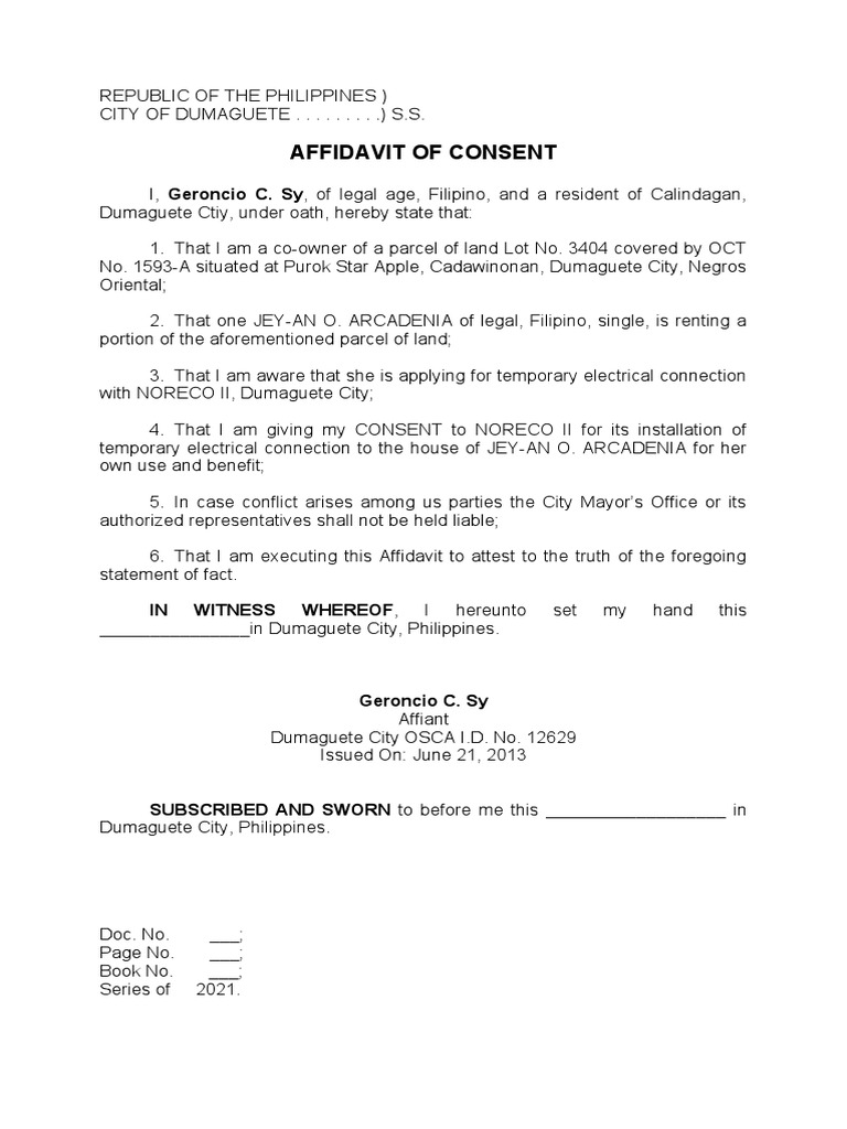 Affidavit of consent NORECO - Geroncio | PDF