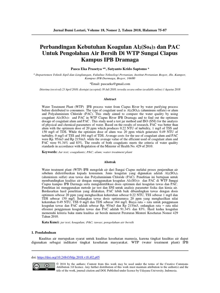 Perbandingan Kebutuhan Koagulan Al (So) Dan PAC Untuk Pengolahan Air ...