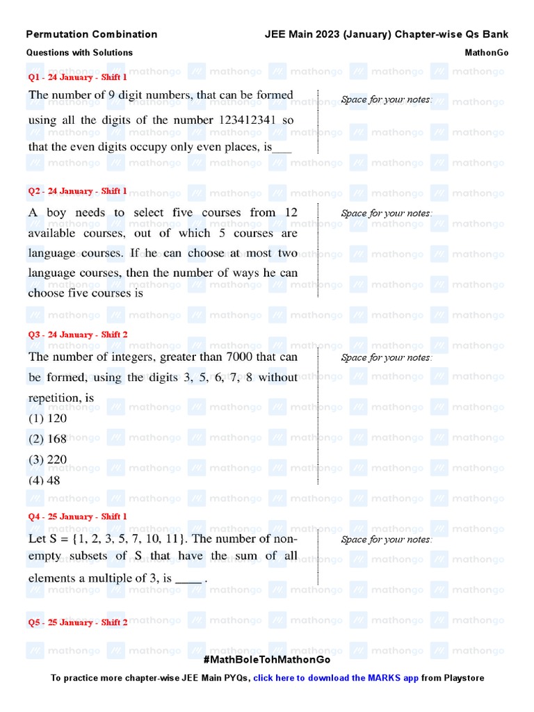 Permutation Combination - JEE Main 2023 January Chapter Wise Questions by MathonGo | PDF