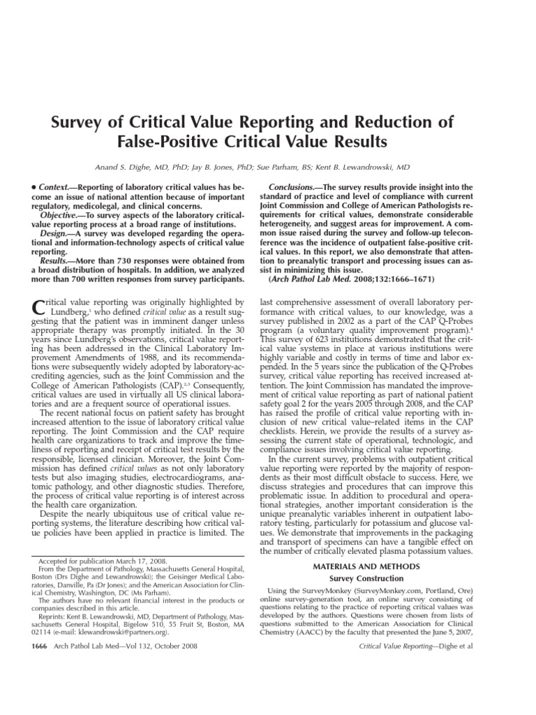 Survey of Critical Value Reporting | PDF | Joint Commission | Glycated ...
