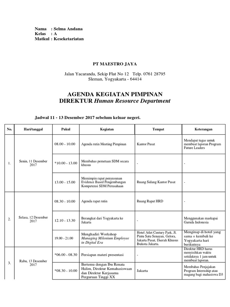 Agenda Harian Pimpinan | PDF