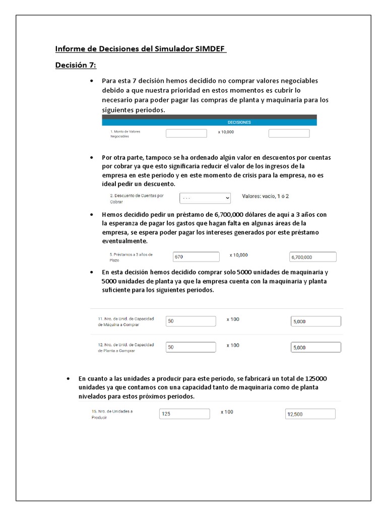 Informe de Decisiones Del Simulador SIMDEF - 7 Desicion | PDF | Finanzas y dinero