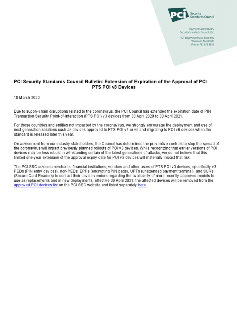 PCISSC Bulletin On Extension of Expiry For PCI PTS POI v3 Devices | PDF
