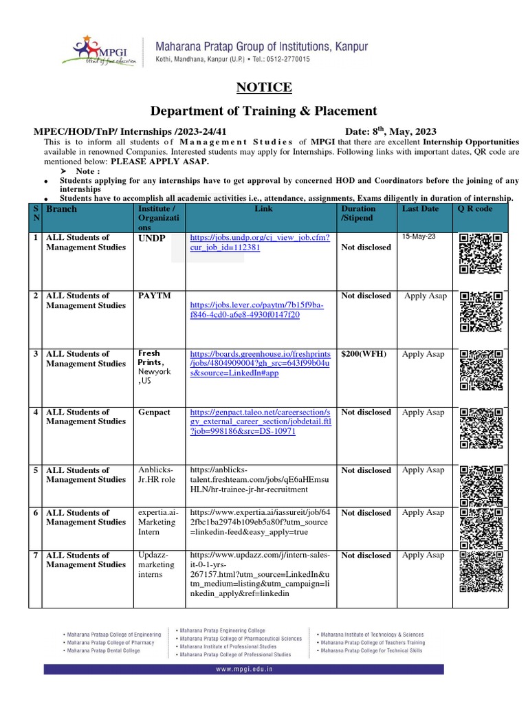 Notice Department of Training & Placement: Mpec/Hod/Tnp/ Internships /2023-24/41 Date: 8, May ...