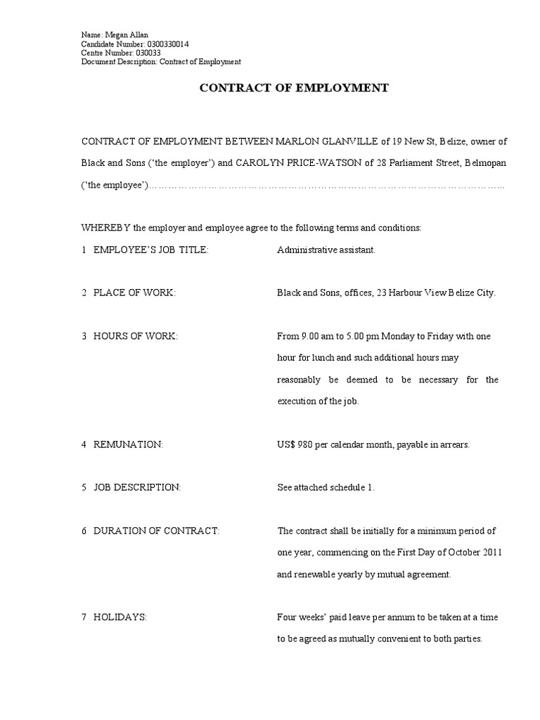 Contract Of Employment Pdf Employment Industrial Relations