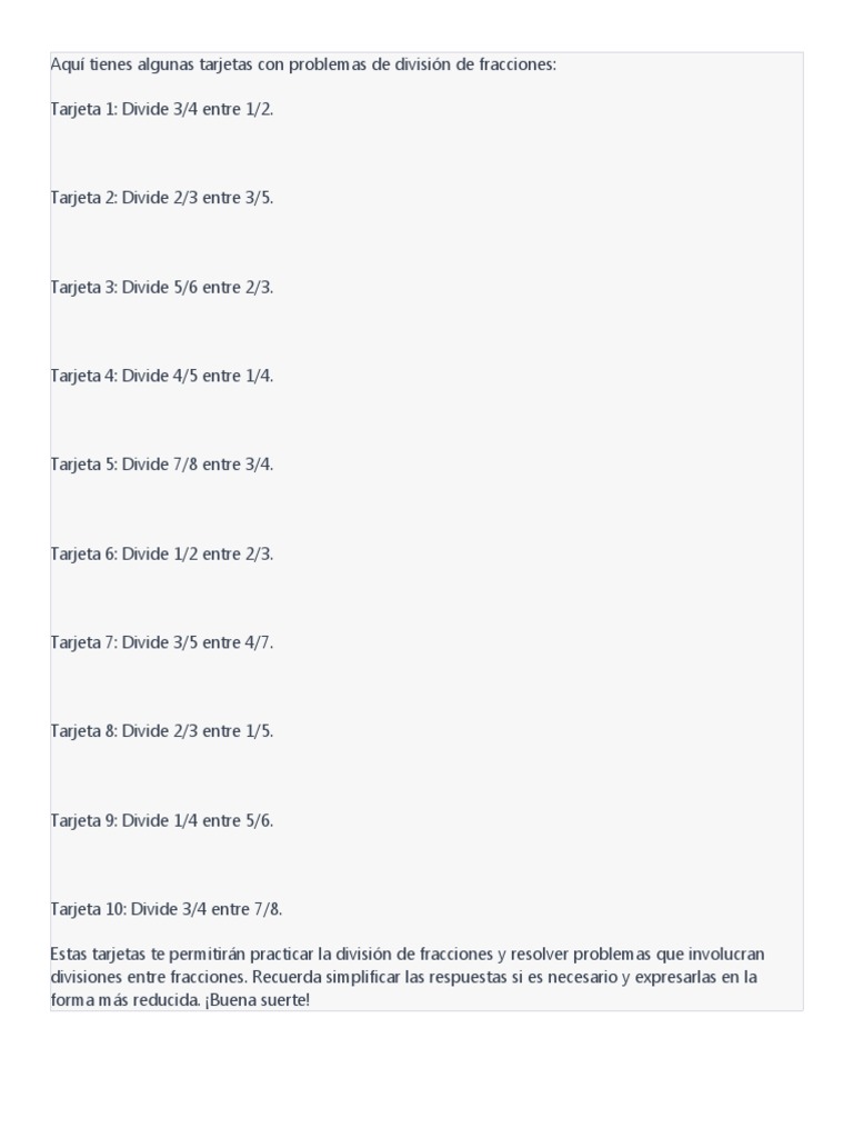 Aquí Tienes Algunas Tarjetas Con Problemas de División de Fracciones | PDF