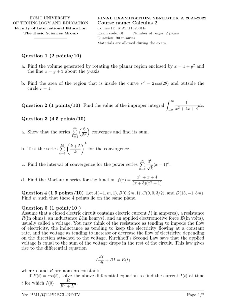 Cal2 Sem2 2021 | PDF | Voltage | Inductance