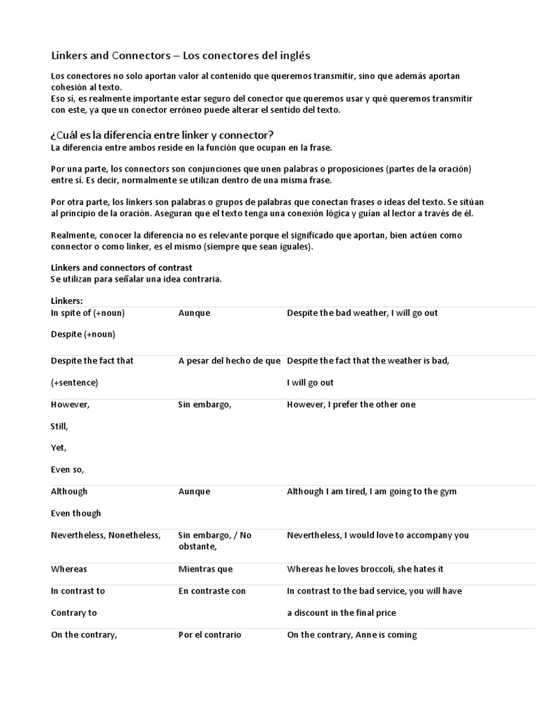 Linkers and Connectors - Spanish Theory | PDF