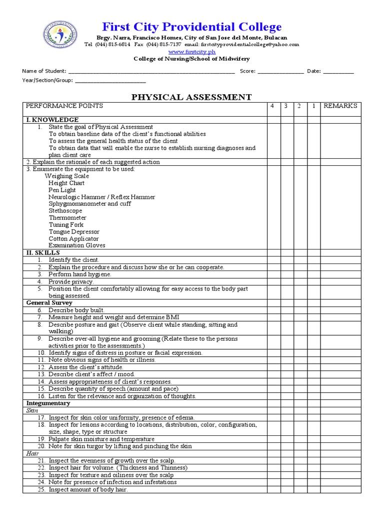 Nursing Physical Assessment Checklist | PDF | Anatomical Terms Of ...