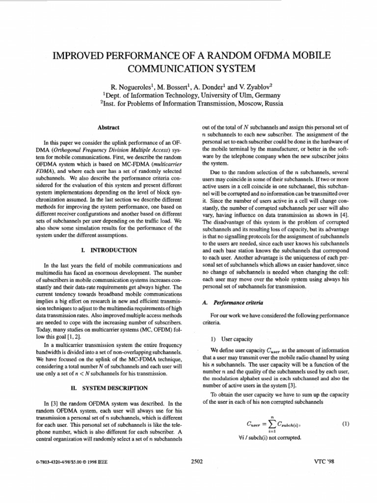 Improved Performance Of A Random Ofdma Mobile Communication System Pdf Orthogonal Frequency