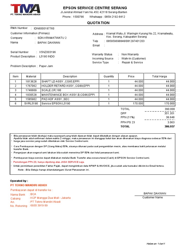 Contoh Quotation Servise Printer | PDF