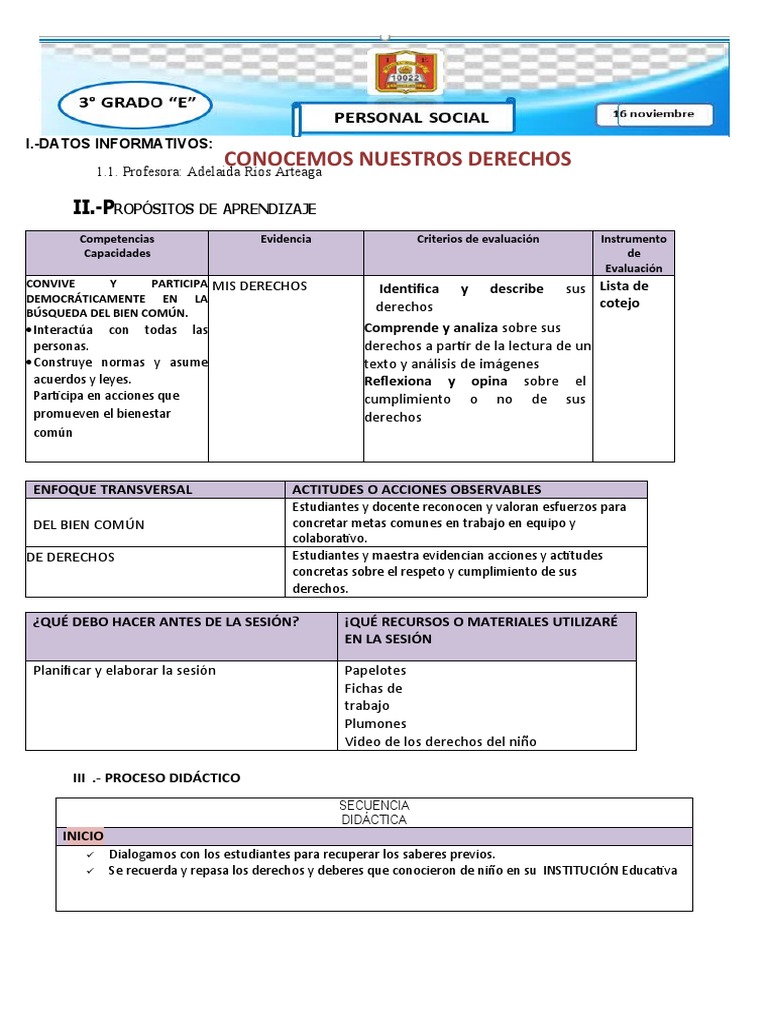 Sesion de Aprendizaje Conozco Mis Derechos | PDF | Evaluación | Aprendizaje