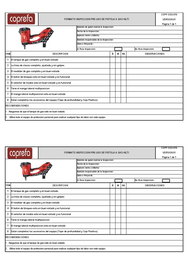 COPF-SGS-010 Check List Pistola HILTI | PDF