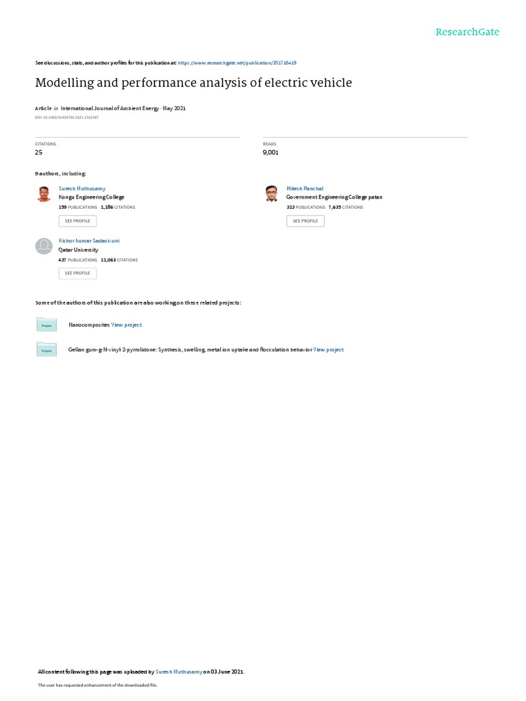 Modelling and Performance Analysis of Electric Vehicle: International Journal of Ambient Energy ...