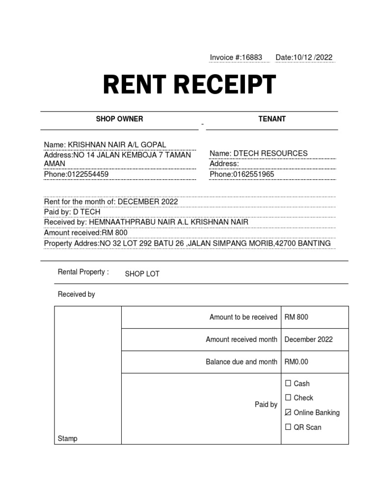 December 2022 Rent Receipt for Shop Lot | PDF