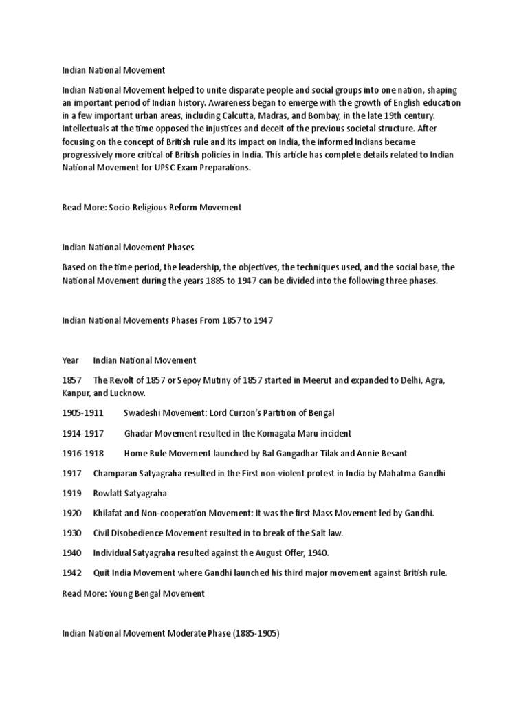 Overview of Indian National Movement | PDF | Indian Independence ...