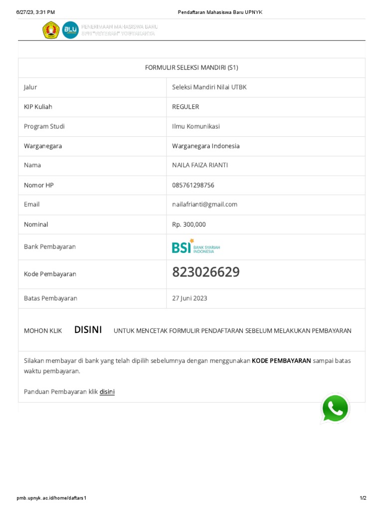 Pendaftaran Mahasiswa Baru UPNYK | PDF