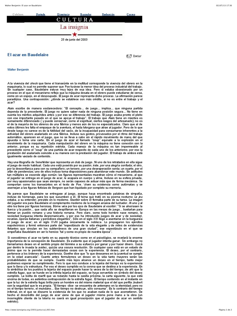 Walter Benjamin: El Azar en Baudelaire | PDF | Charles Baudelaire ...