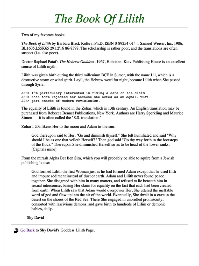 The Book of Lilith by Barbara Black Koltuv PHD Isbn 0 89254 014 1 ...
