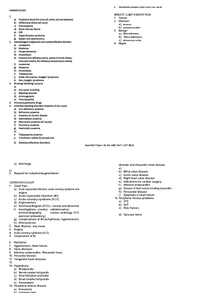 AMC Part 1 CAT MCQ Examination Important Topics | PDF | Cardiology | Heart