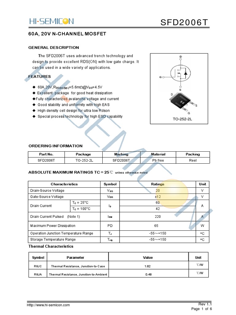 SFD2006T MOSFET Specifications | PDF | Field Effect Transistor | Diode